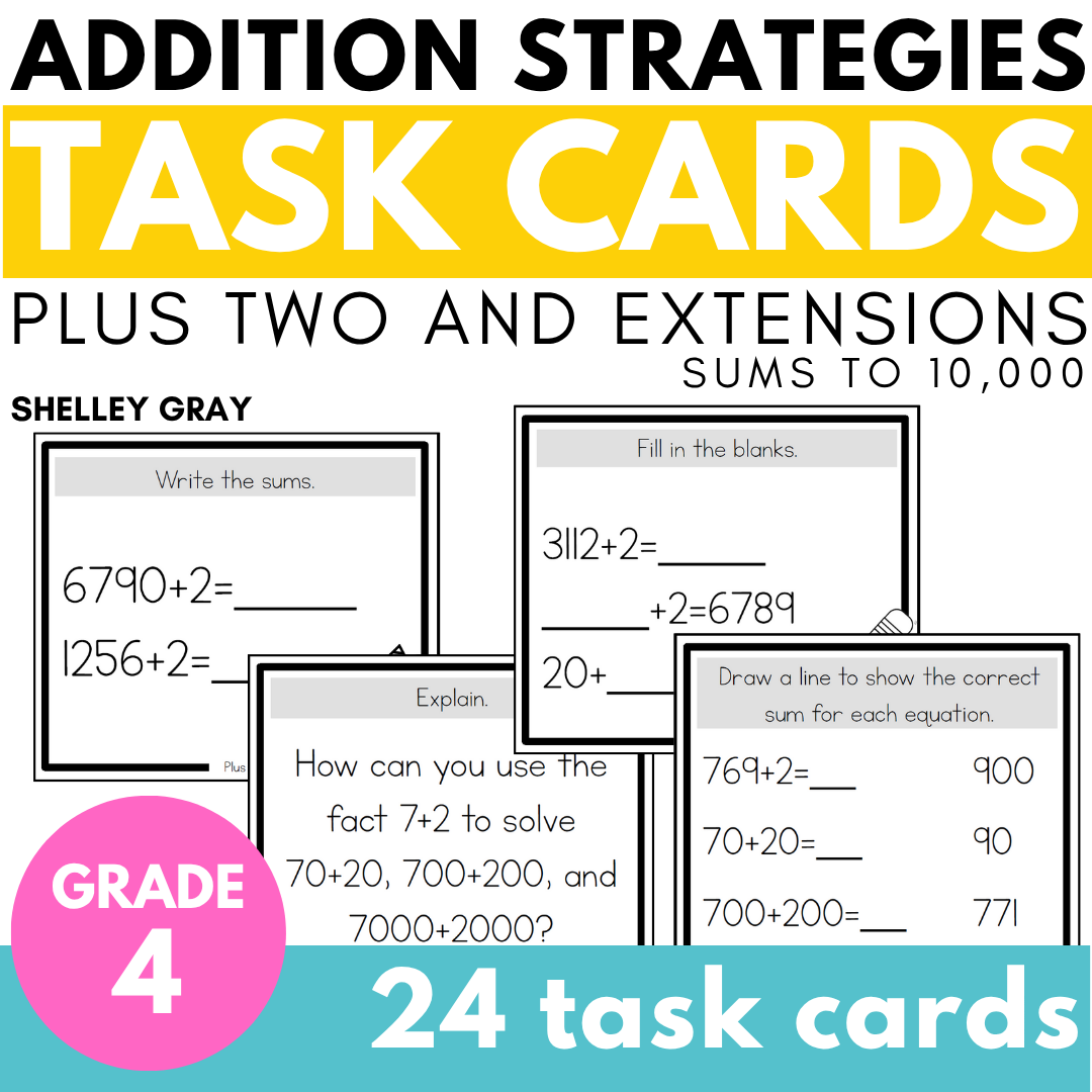 Addition Strategy Task Cards: Plus Two and Extensions (Fourth Grade ...