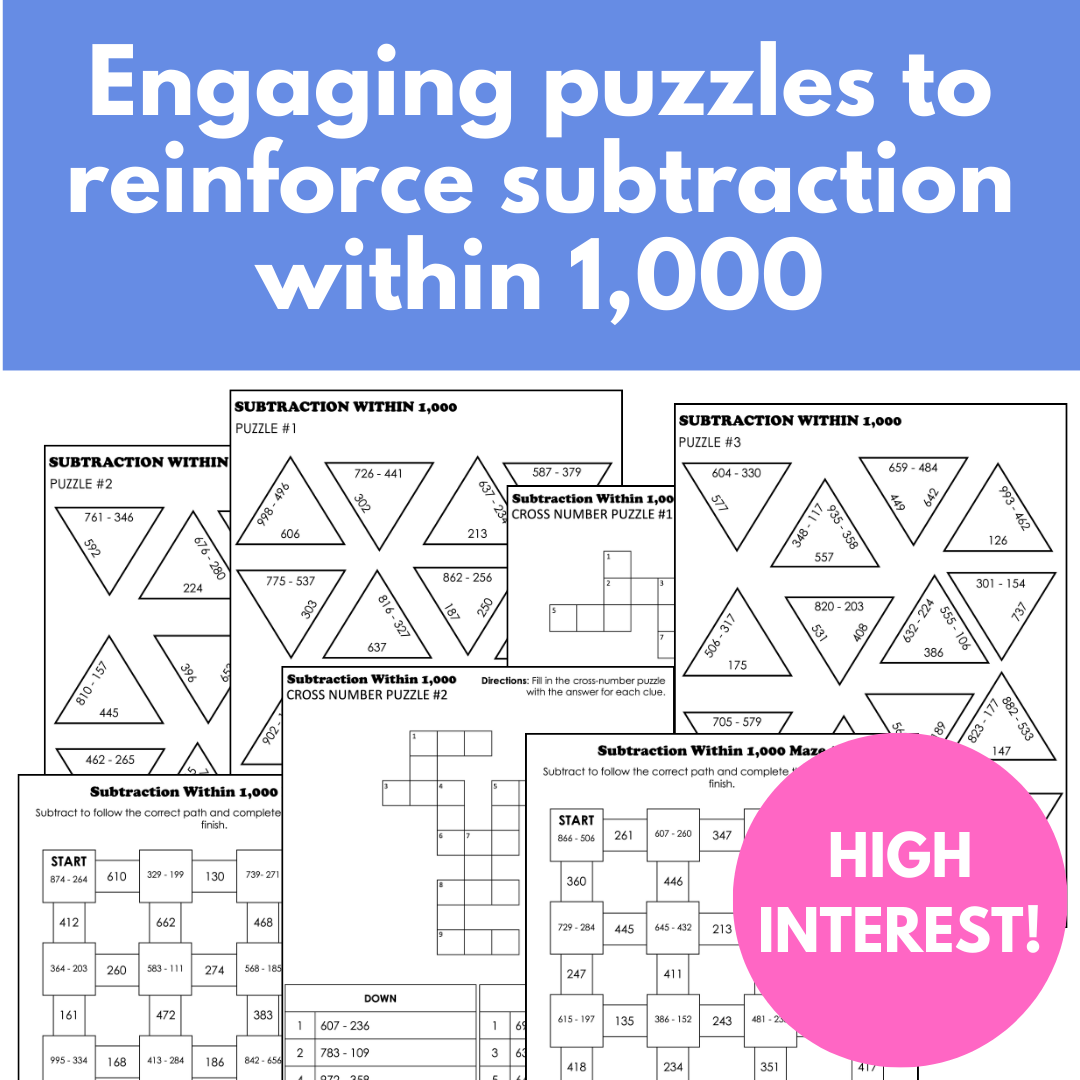 Subtraction Within 1000 Math Puzzles for Practice; Tarsia Puzzle Cross ...