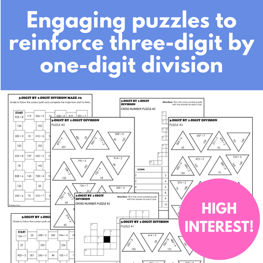 3-Digit by 1-Digit Division Math Puzzles (Tarsia, Cross-Number, Mazes ...
