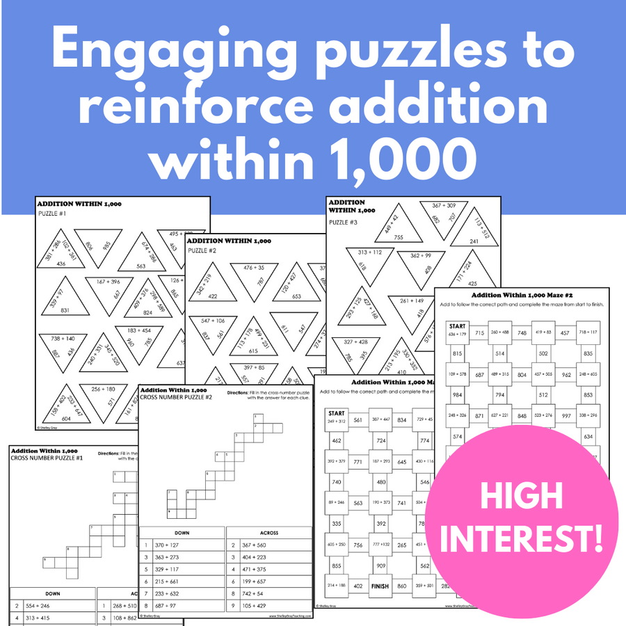 Addition Within 1000 Math Puzzles for Practice; Tarsia Puzzle Cross-Nu ...