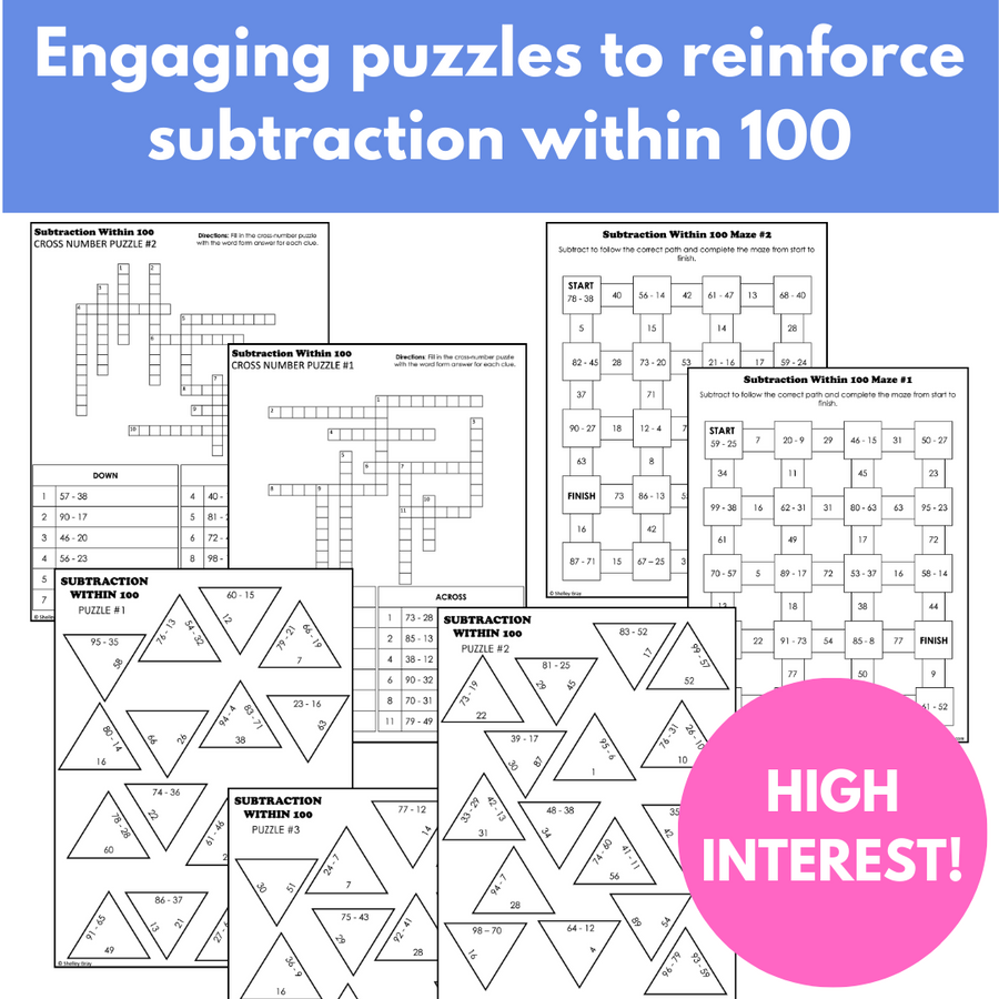 Subtraction Within 100 Math Puzzles; Tarsia Puzzles, Cross-Number, Maz ...