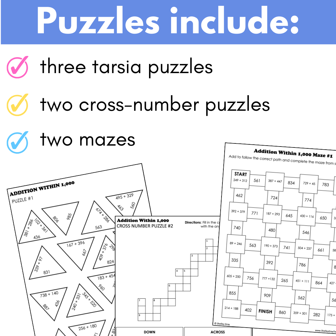 Addition Within 1000 Math Puzzles for Practice; Tarsia Puzzle Cross-Nu ...