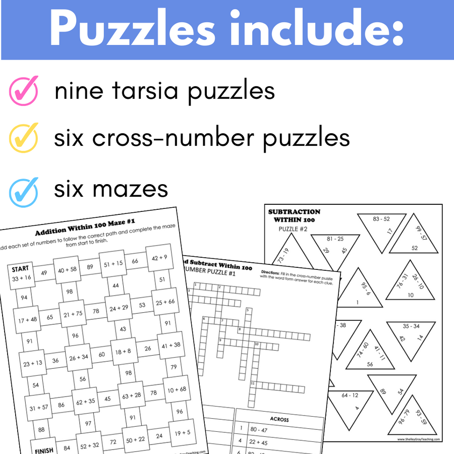 Addition and Subtraction to 100 Puzzles for Math Fact Practice BUNDLE ...