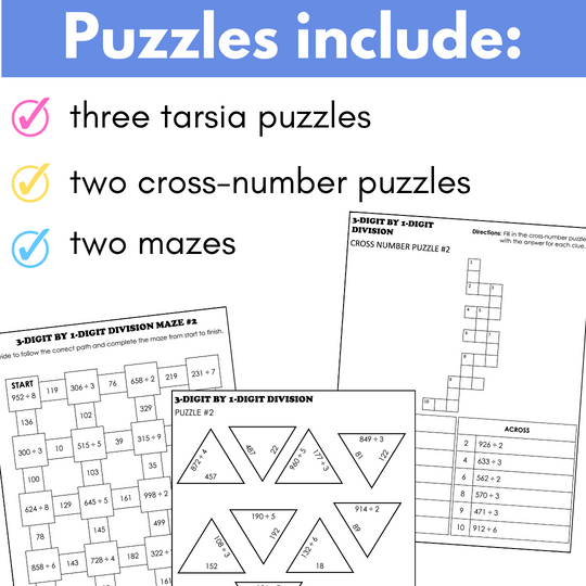 3-Digit by 1-Digit Division Math Puzzles (Tarsia, Cross-Number, Mazes ...