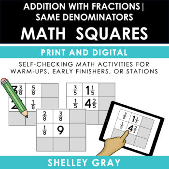 Adding Fractions With Same Denominators - Fun Self-Checking Math Squar ...